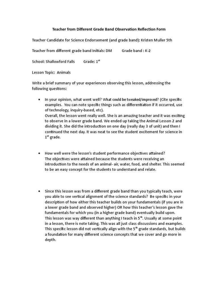 Teacher From Different Grade Band Observation Reflection Form Used by ...