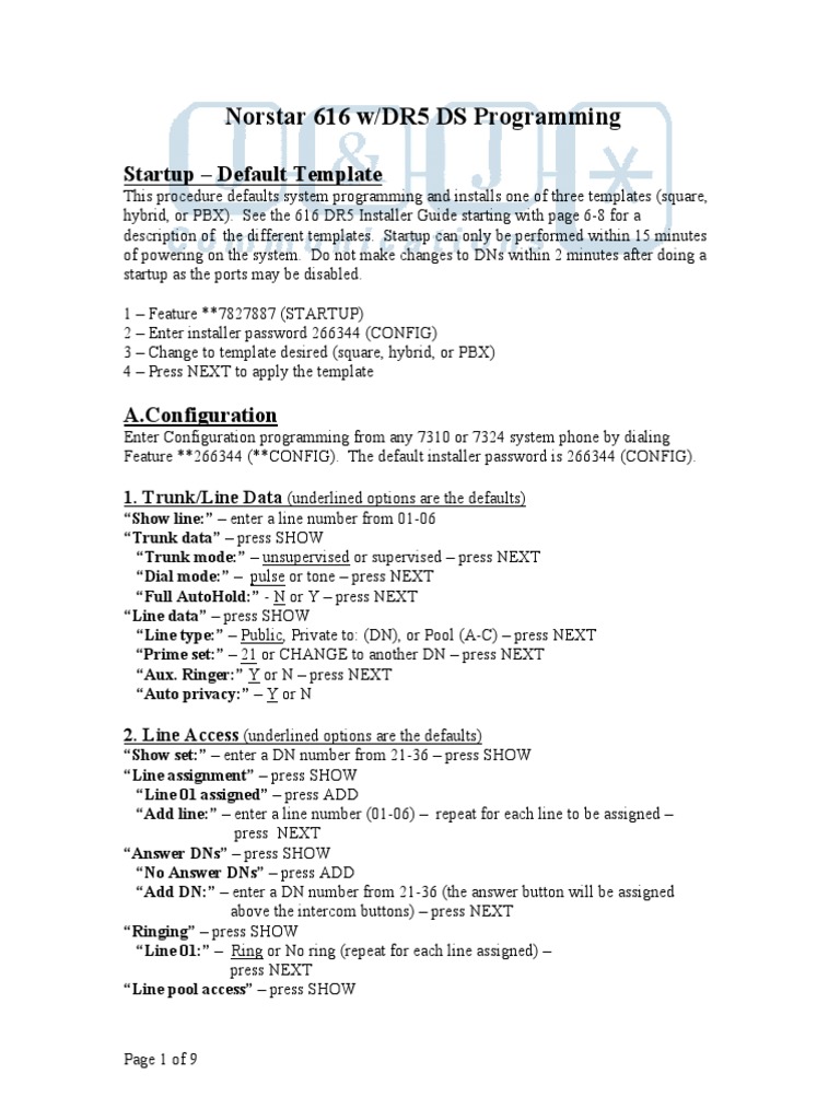 Norstar 616 w/DR5 DS Programming: Startup - Default Template | PDF ...