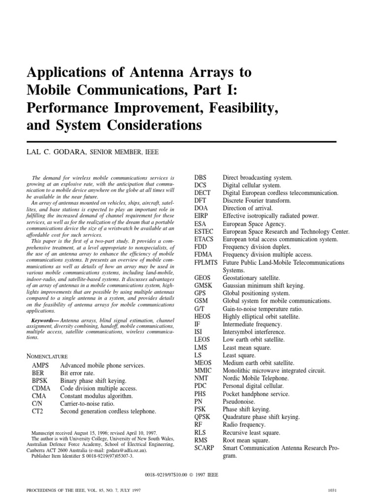 Applications of Antenna Arrays To Mobile Communications, Part I ...