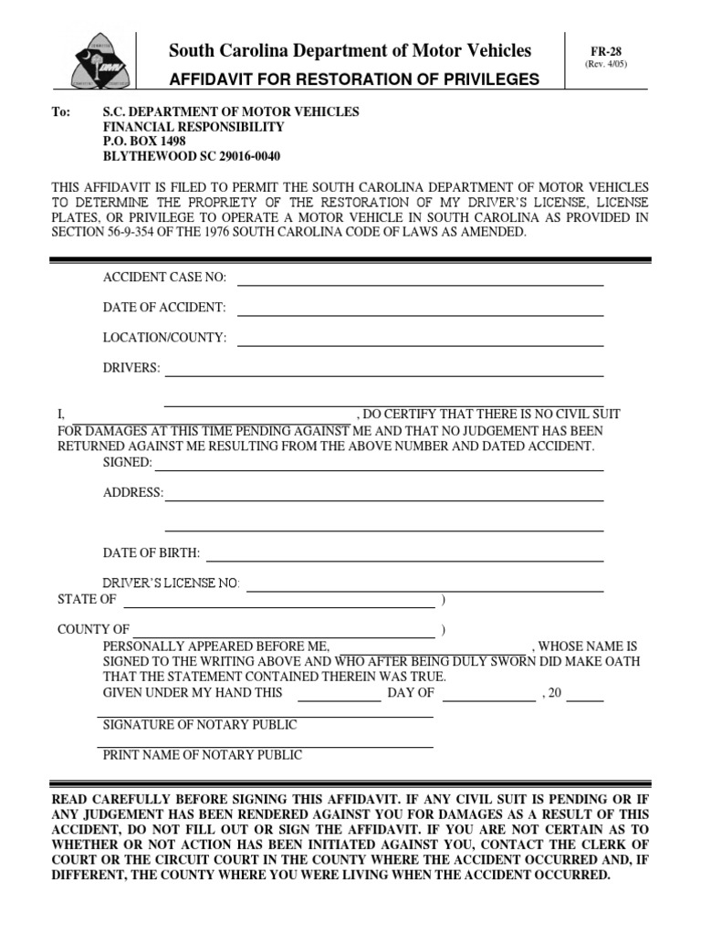 South Carolina Department of Motor Vehicles: Affidavit For Restoration ...