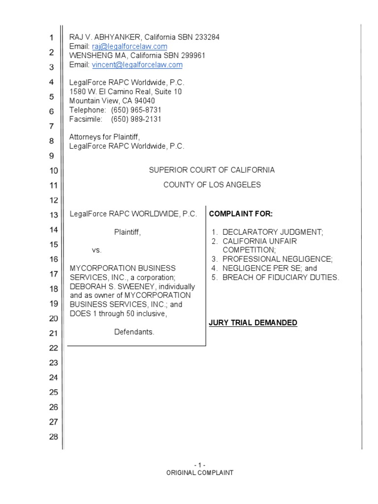 LegalForce RAPC v. MyCorporation Business Services, Inc. & Deborah ...