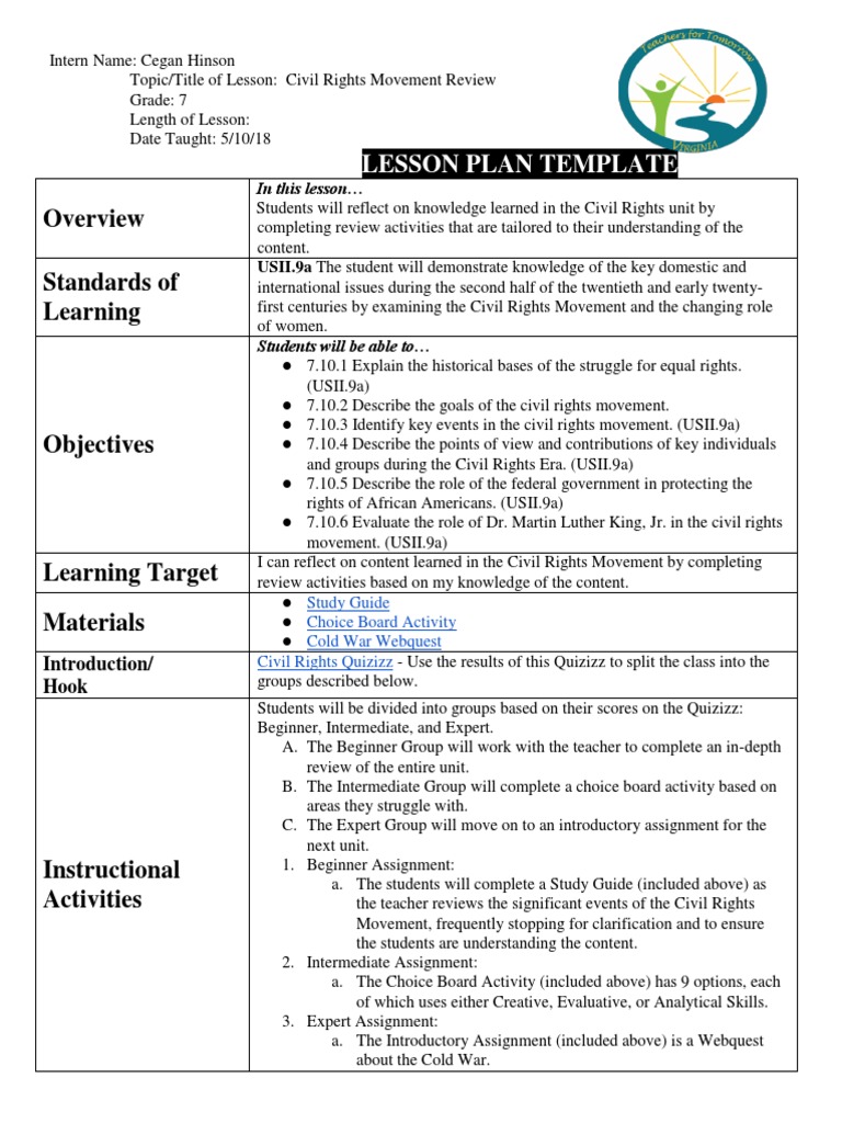 Standards of Learning: Lesson Plan Template | PDF | Lesson Plan ...
