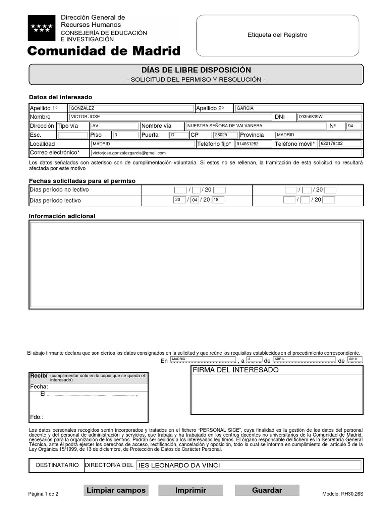Dias Libre Disposicion Solicitud | PDF | Gobierno Dias Libre Disposicion Solicitud | PDF | Gobierno