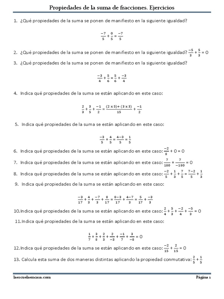 08 Propiedades de La Suma de Fracciones Ejercicios | PDF | Enseñanza de ...