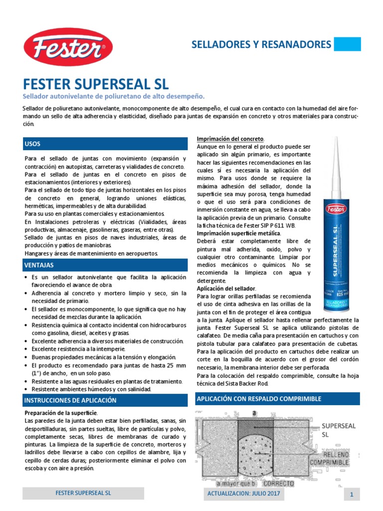 Sellador Autonivelante Fester Superseal SL | PDF | Química | Materiales