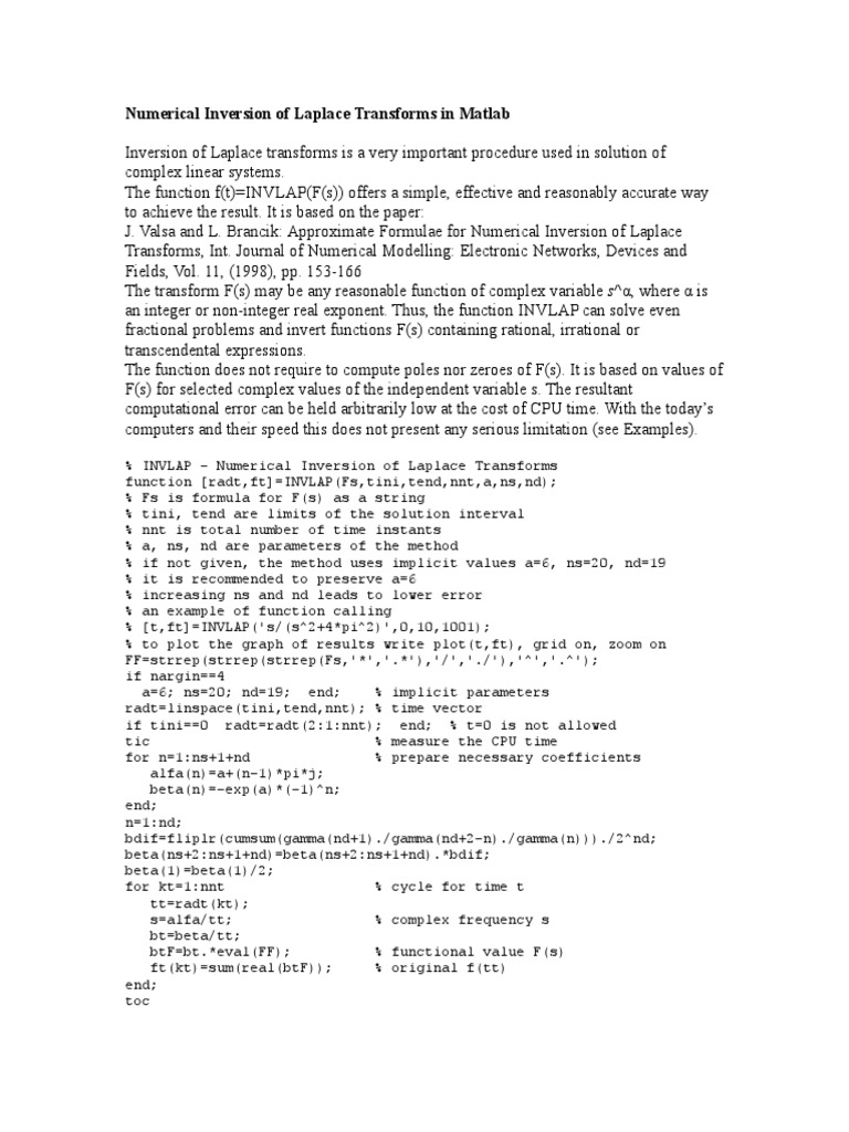 Numerical Inversion of Laplace Transforms in Matlab | PDF | Laplace Transform | Function ...