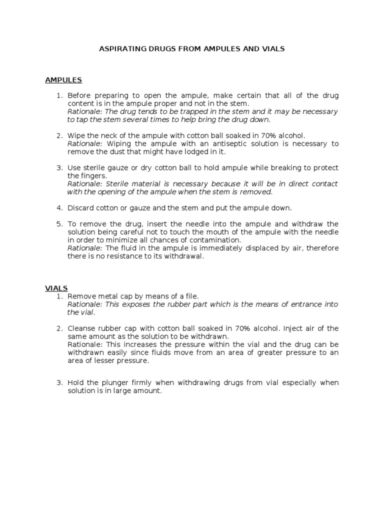 How to Aspirate Drugs from Ampules and Vials | PDF | Injection ...