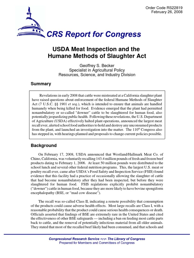 USDA Meat Inspection and The Humane Methods of Slaughter Act | PDF ...