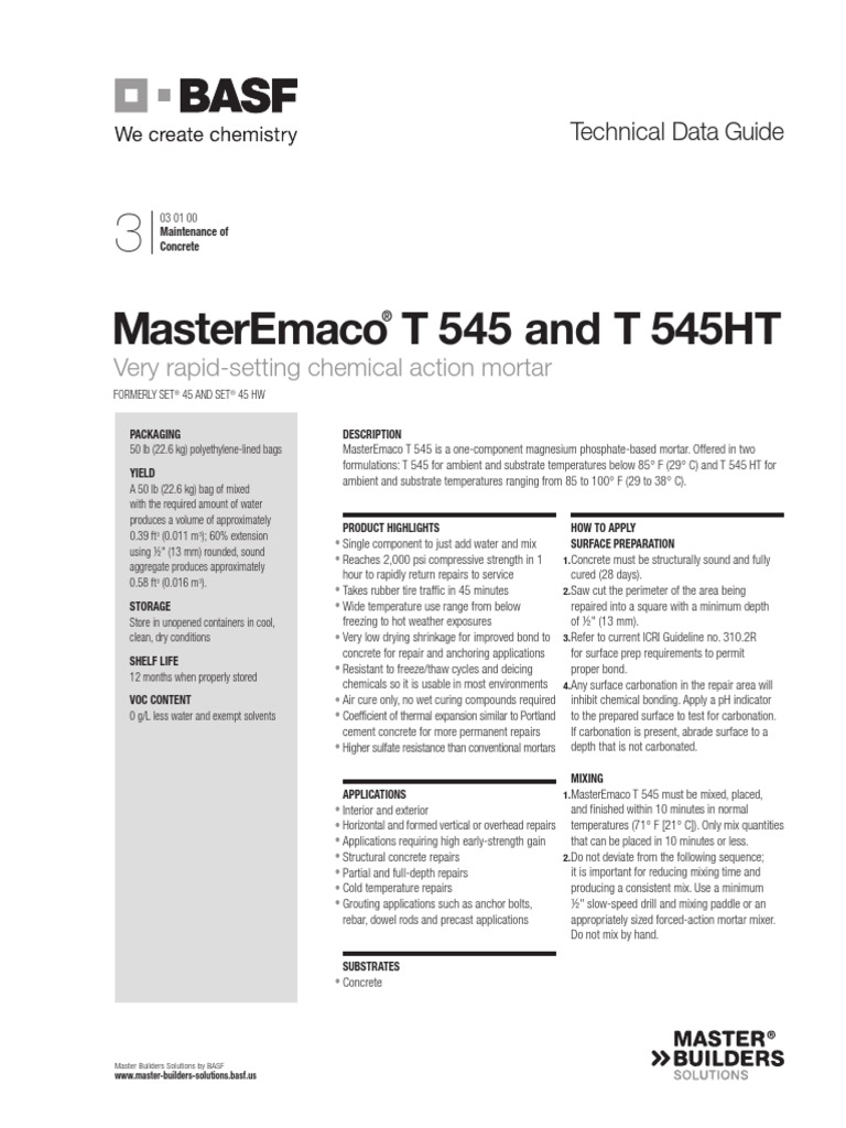 Basf Masteremaco T 545 T 545 HT Tds | PDF | Concrete | Materials