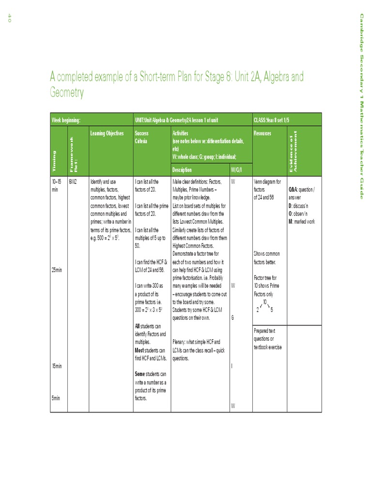 A Complete Example of A Short Term Plan Cambridge Secondary 1 Maths ...