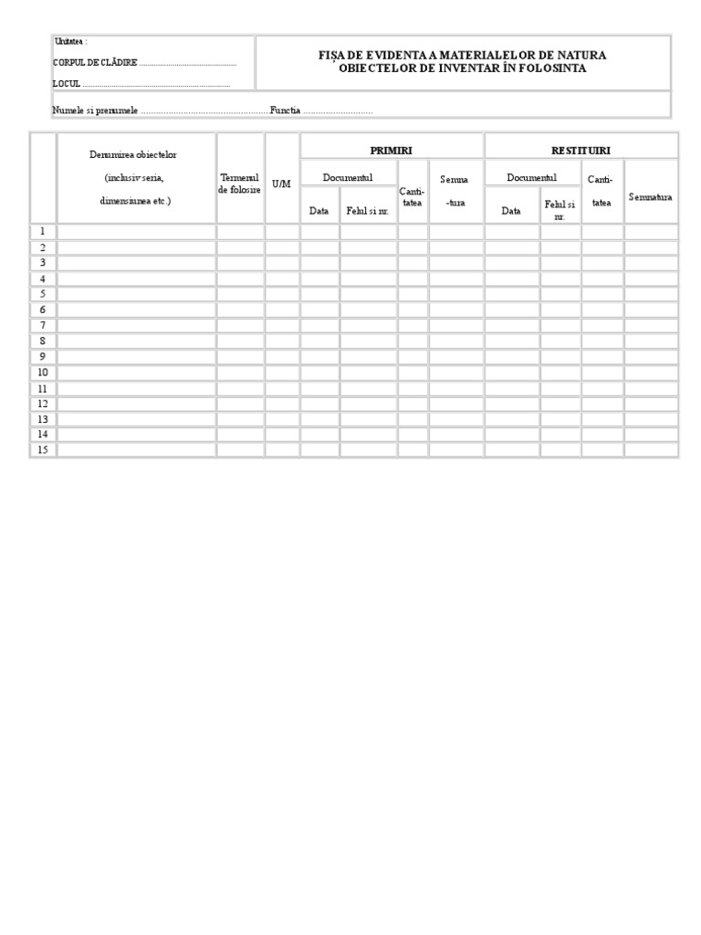 Fisa de Evidenta A Materialelor de Natura Obiectelor de Inventar in ...