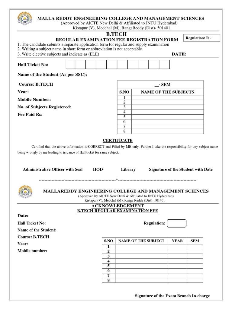 B.tech Regular Examination Fee Registration Form | PDF | Academia ...
