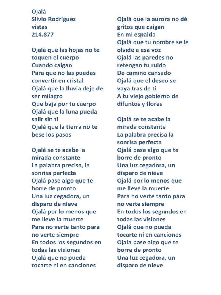 Letra de "Ojalá" de Silvio Rodríguez | PDF