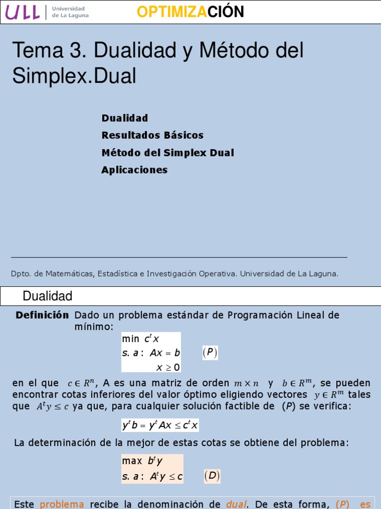 Tema 3. Dualidad. Método Simplex Dual | PDF | Programación lineal | Optimización Matemática