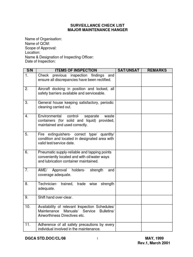 Surveillance Check List Major Maintenance Hanger | PDF | Electrostatic ...