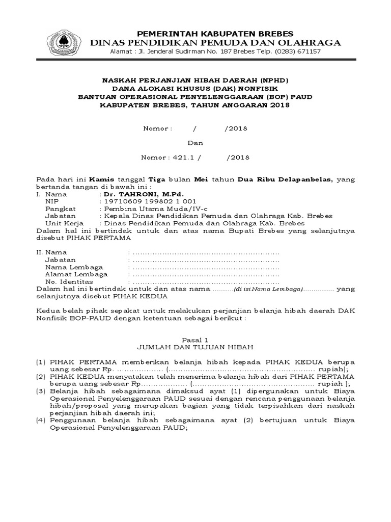 NPHD, SPTJM, Pakta Integritas Bop Paud 2018 | PDF