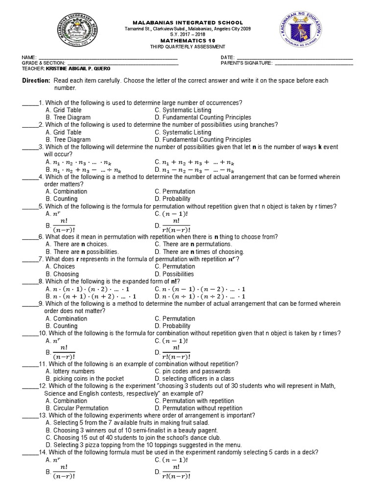 Mathematics Assessment Covering Probability, Permutations, and Combinations for Tenth Grade ...