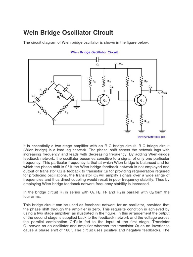 Wein Bridge Oscillator Circuit | PDF | Amplifier | Electronic Oscillator