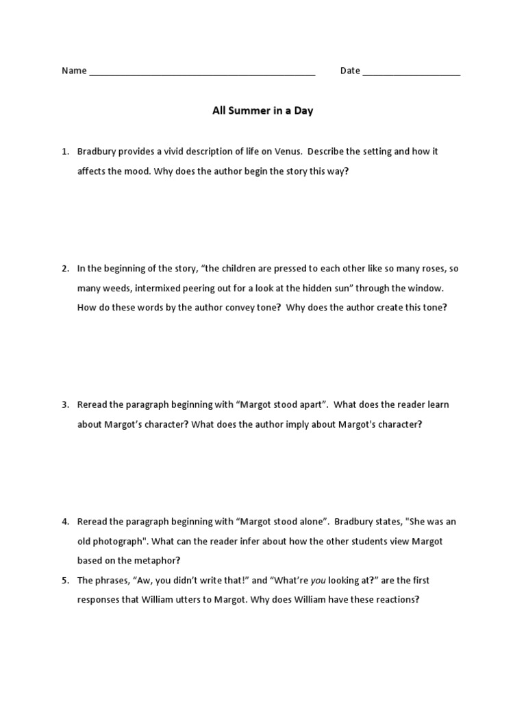 Summer in A Day Questions | PDF