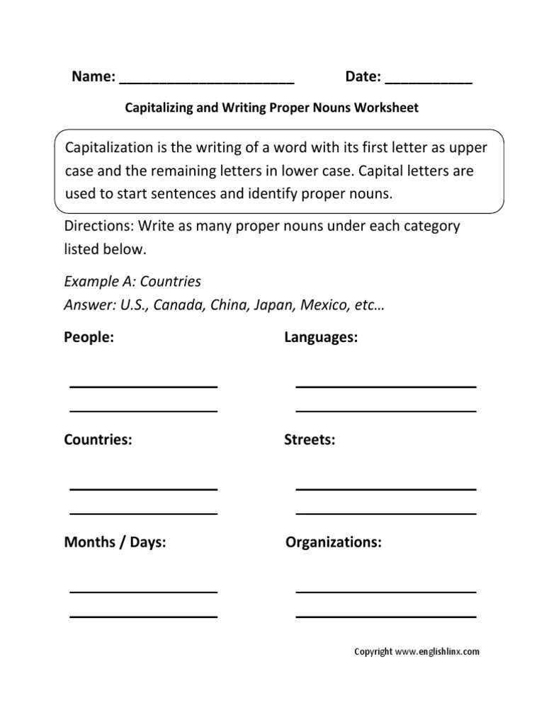 Proper Nouns Capitalization Worksheet | PDF