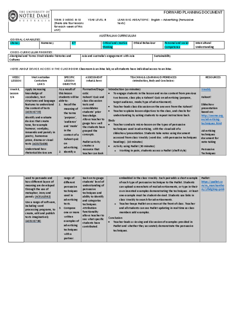 Forward Planning Document - Educ4632 | PDF | Advertising | Persuasion
