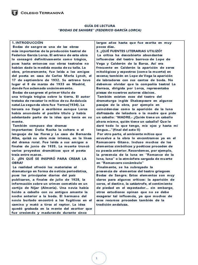 Guia de Lectura Bodas de Sangre | PDF | Federico García Lorca | Teatro