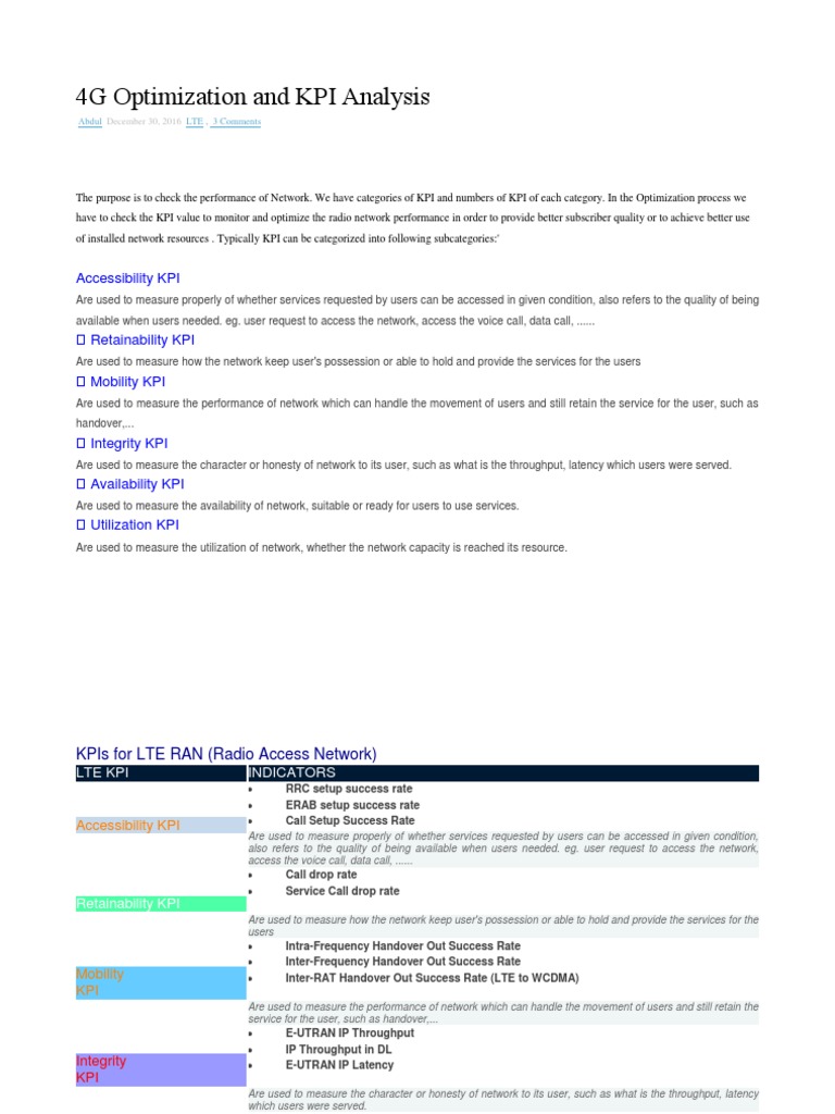 4G Optimization and KPI Analysis | PDF | Lte (Telecommunication) | 4 G