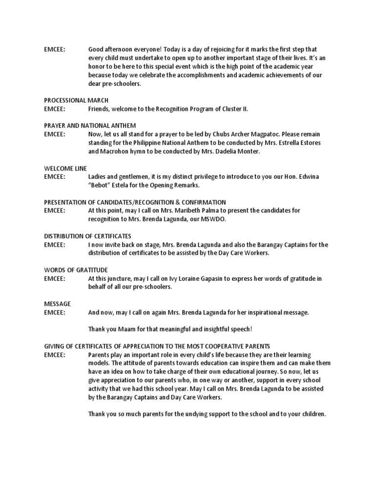 Emcee Script for Recognition Program | PDF | Language Arts & Discipline ...