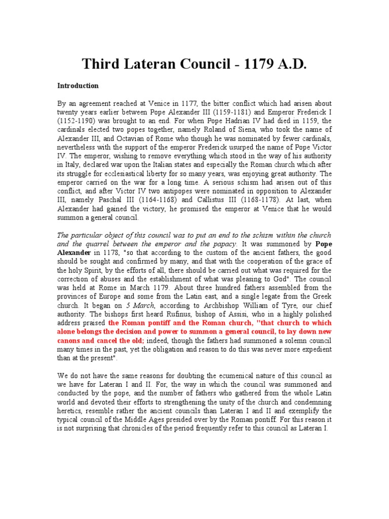 Third Lateran Council Overview | PDF | Pope | Catholic Church