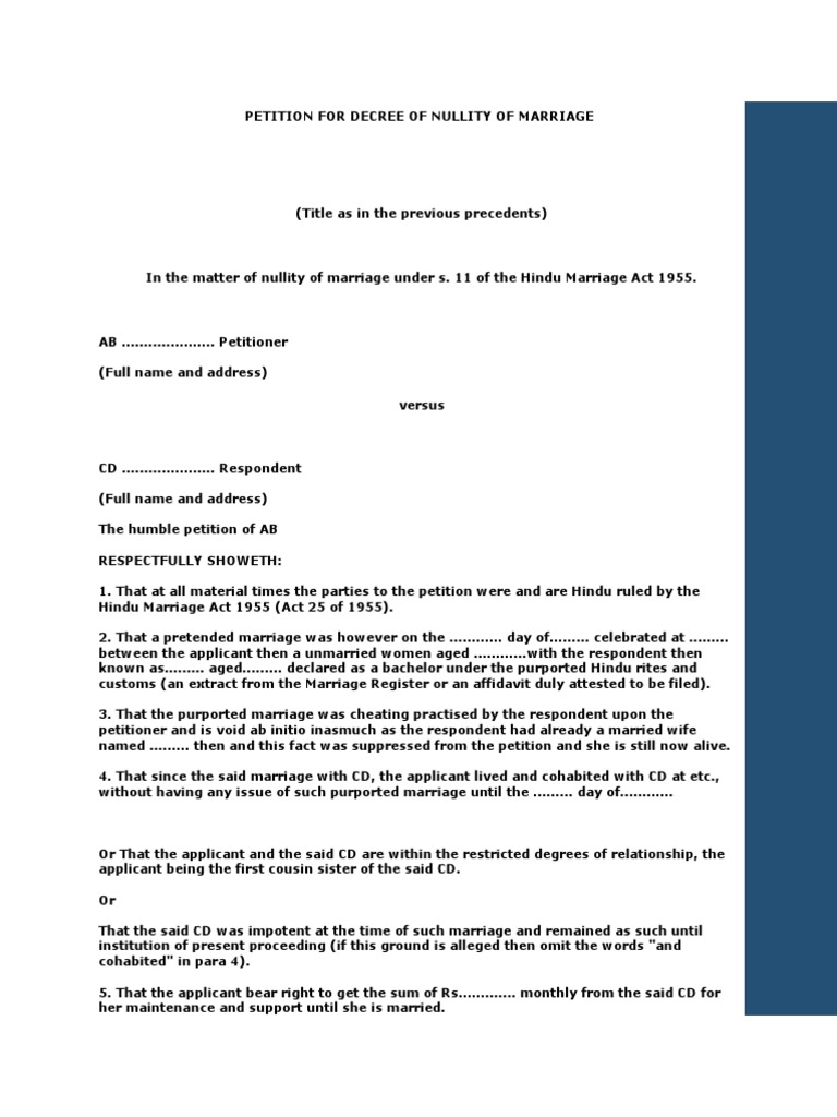 Petition For Decree of Nullity of Marriage | PDF | Annulment | Marriage