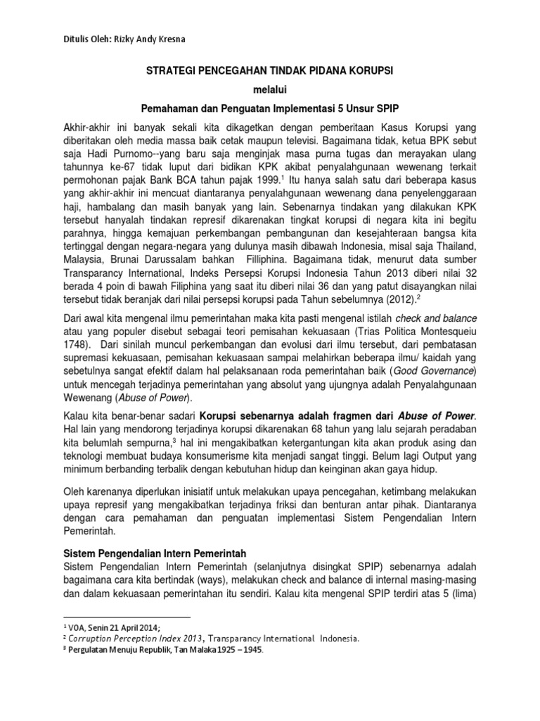 Strategi Pencegahan Tindak Pidana Korupsi Melalui Penguatan SPIP | PDF