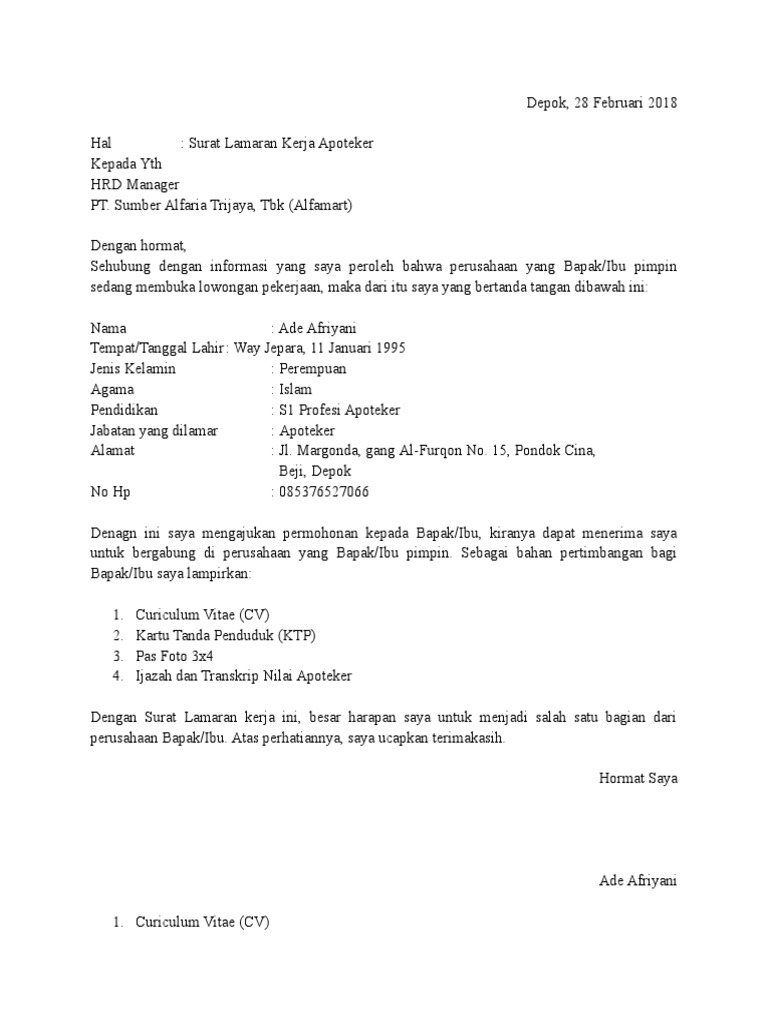 Lamaran Kerja Apoteker di Alfamart | PDF