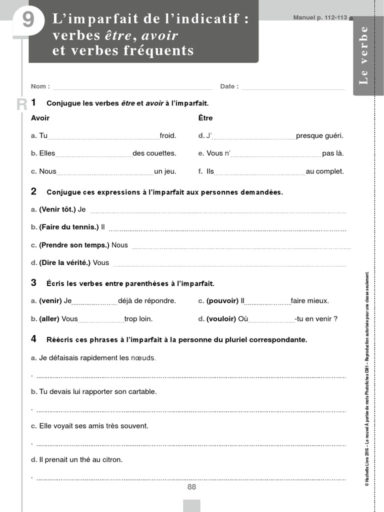 9R L Imparfait de L Indicatif Verbes Etre Avoir Et Verbes Frequents ...