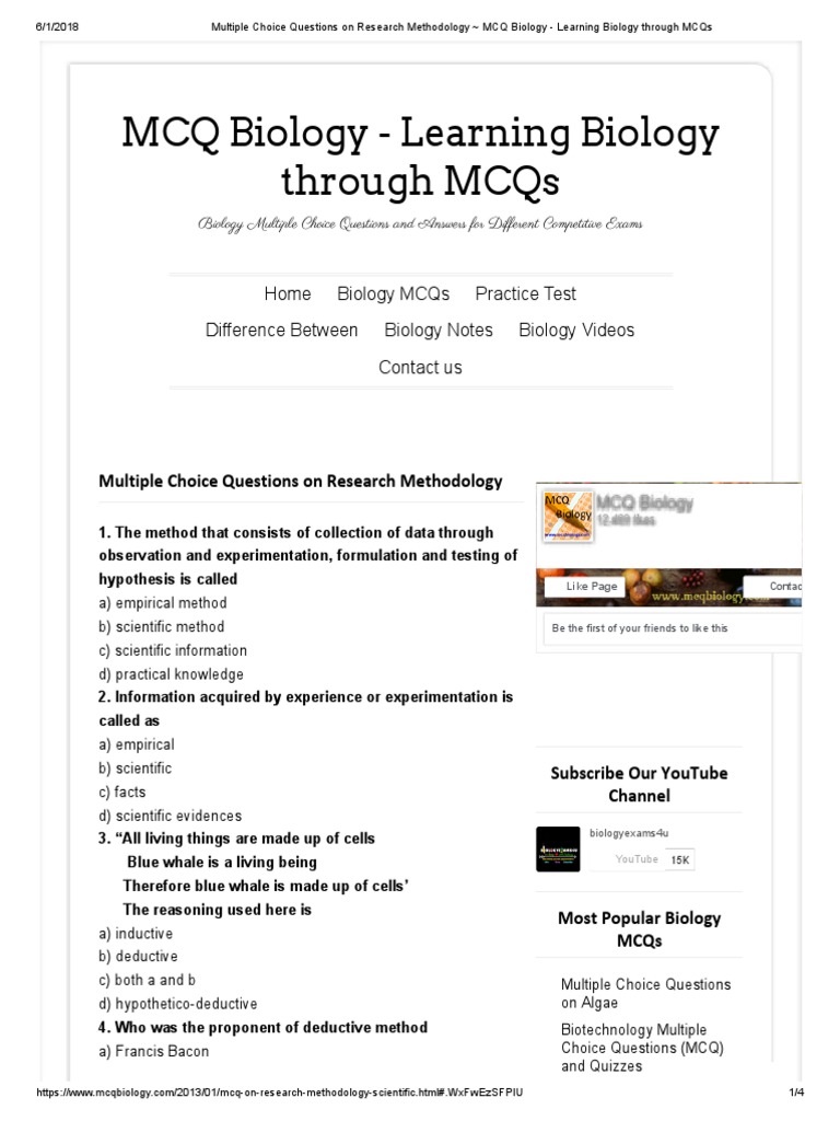 Multiple Choice Questions On Research Methodology - MCQ Biology - Learning Biology Through MCQs ...
