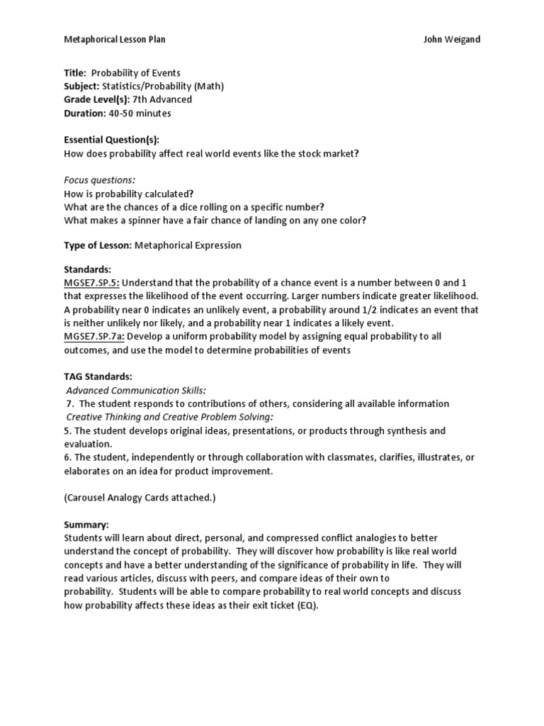 Metaphorical Probability Lesson Plan | PDF | Analogy | Probability