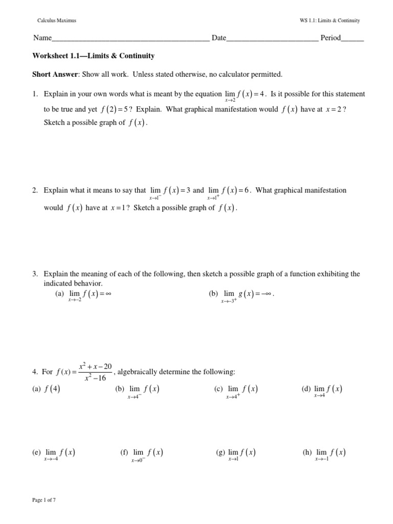 WS 01.1 Limits & Continuity | PDF | Continuous Function | Function (Mathematics)