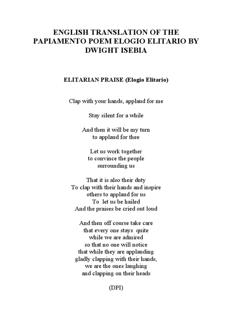 English Translation of The Papiamento Poem Elogio Elitario by Dwight ...