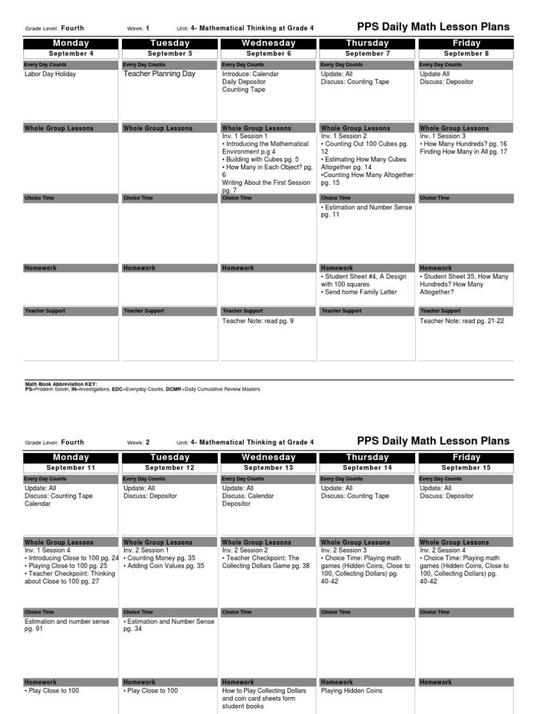 PPS Daily Math Lesson Plans: Monday Tuesday Wednesday Thursday Friday ...