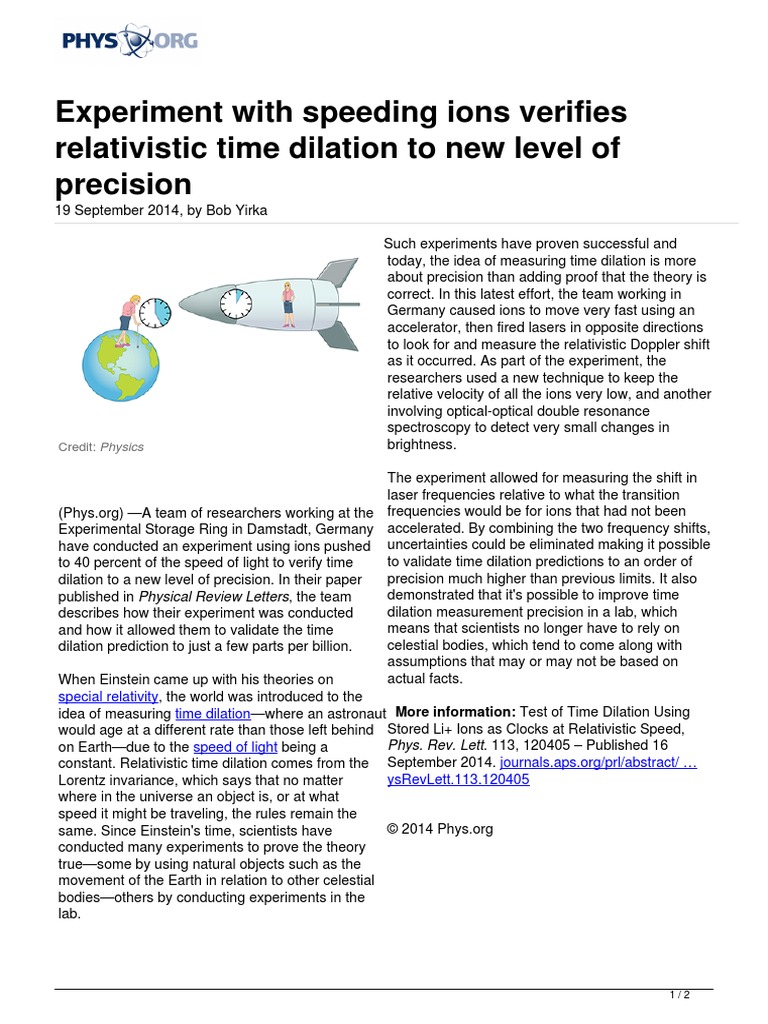 2014 09 Ions Relativistic Dilation Precision Pdf Special Relativity Speed Of Light