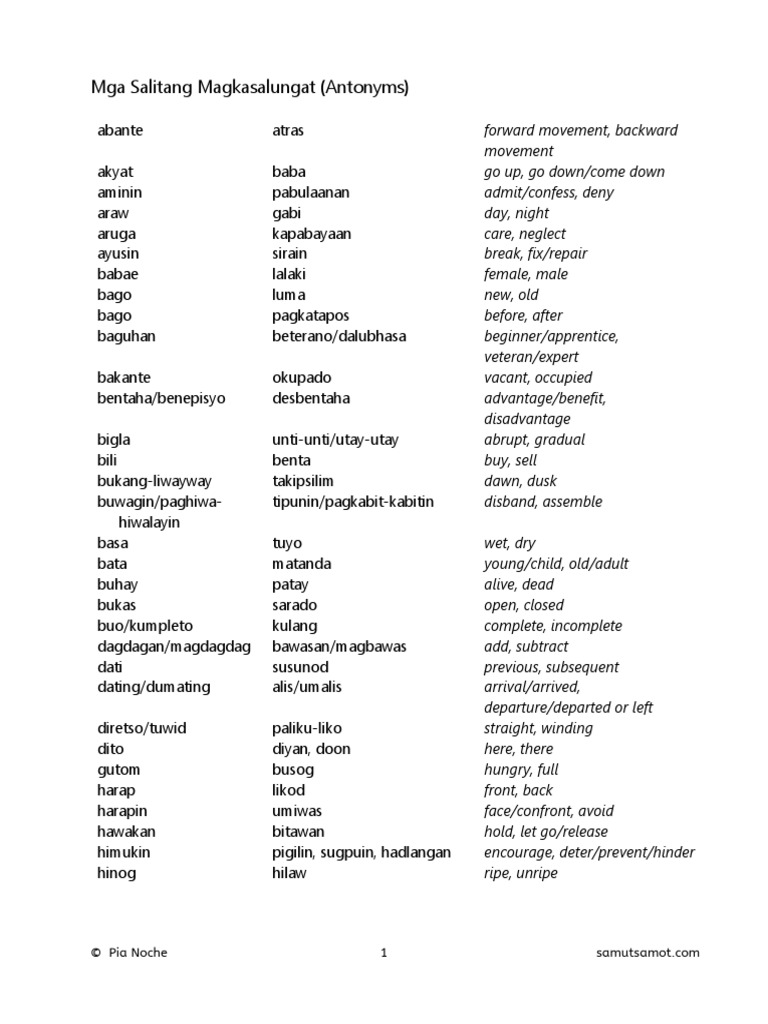Filipino Antonym Pairs | PDF