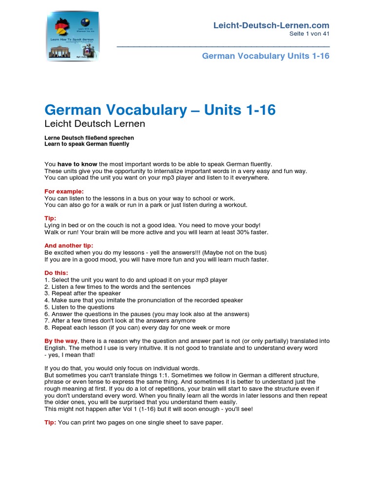 Unit 1-16 German-Vocabulary | PDF | Leisure | Nature