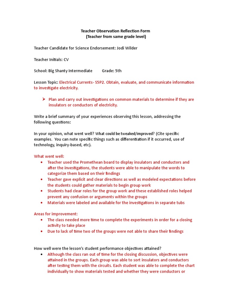 Teacher Observation Reflection Form Used by Endorsement Candidates ...
