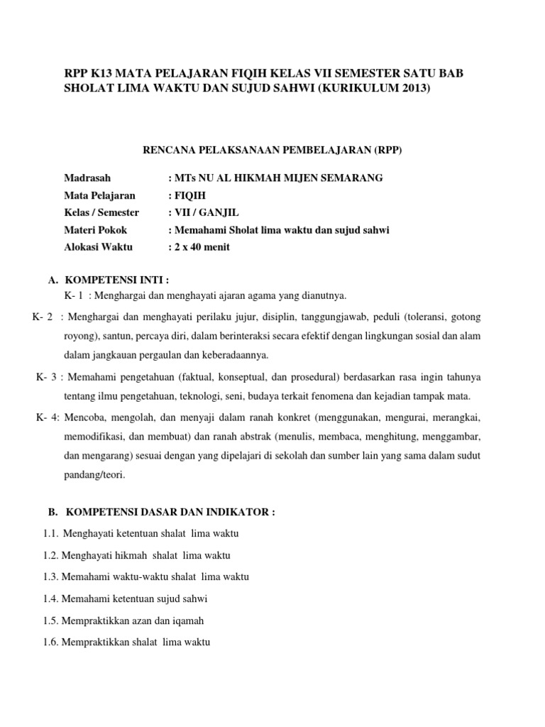 RPP k13 Mata Pelajaran Fiqih Kelas Vii Semester Satu Bab Sholat Lima ...