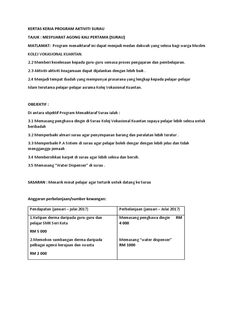Kertas Kerja Program Aktiviti Surau | PDF