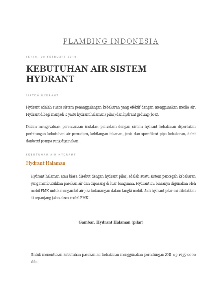 Sistem Hydrant untuk Pemadaman Kebakaran: Perhitungan Kebutuhan Air, Komponen Utama, dan ...
