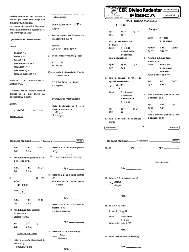 01 Analisis Dimensional | Física y matemáticas | Matemáticas