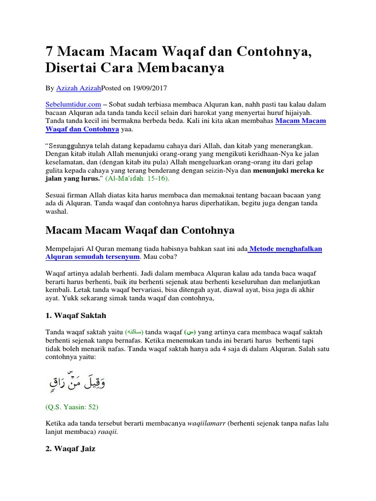 7 Macam Macam Waqaf Dan Contohnya | PDF