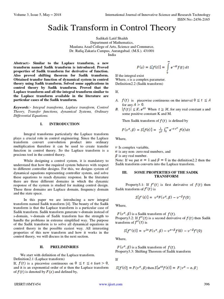 Sadik Transform In Control Theory Pdf Laplace Transform Control