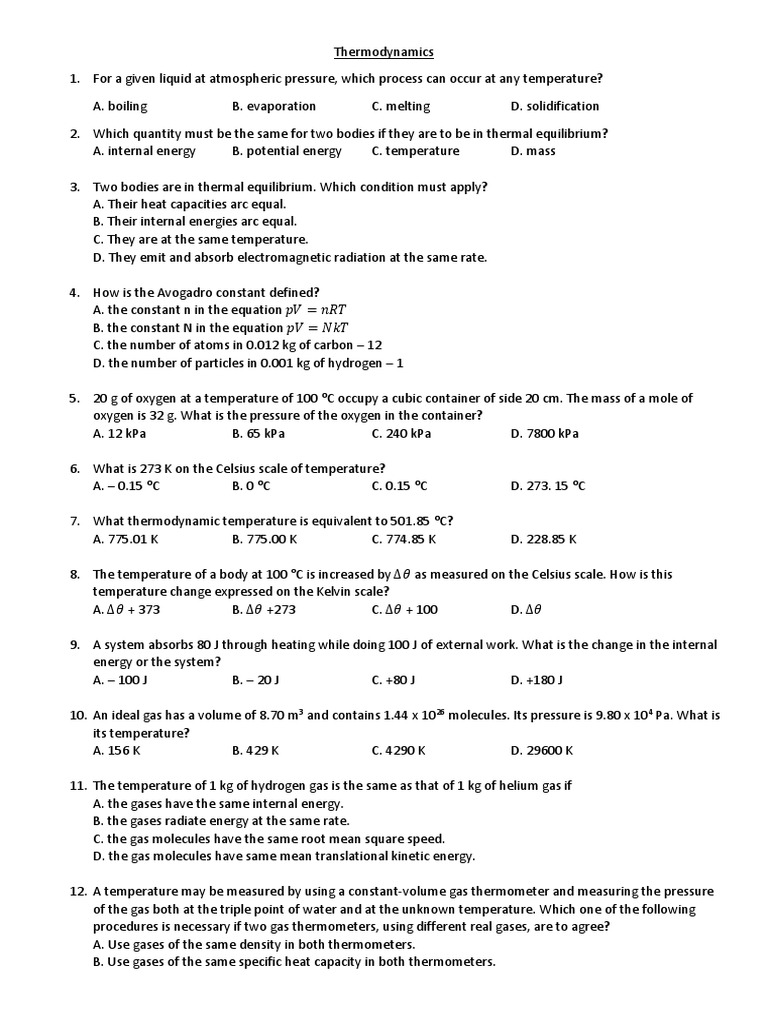 Physics Thermodynamics MCQs | PDF | Temperature | Gases