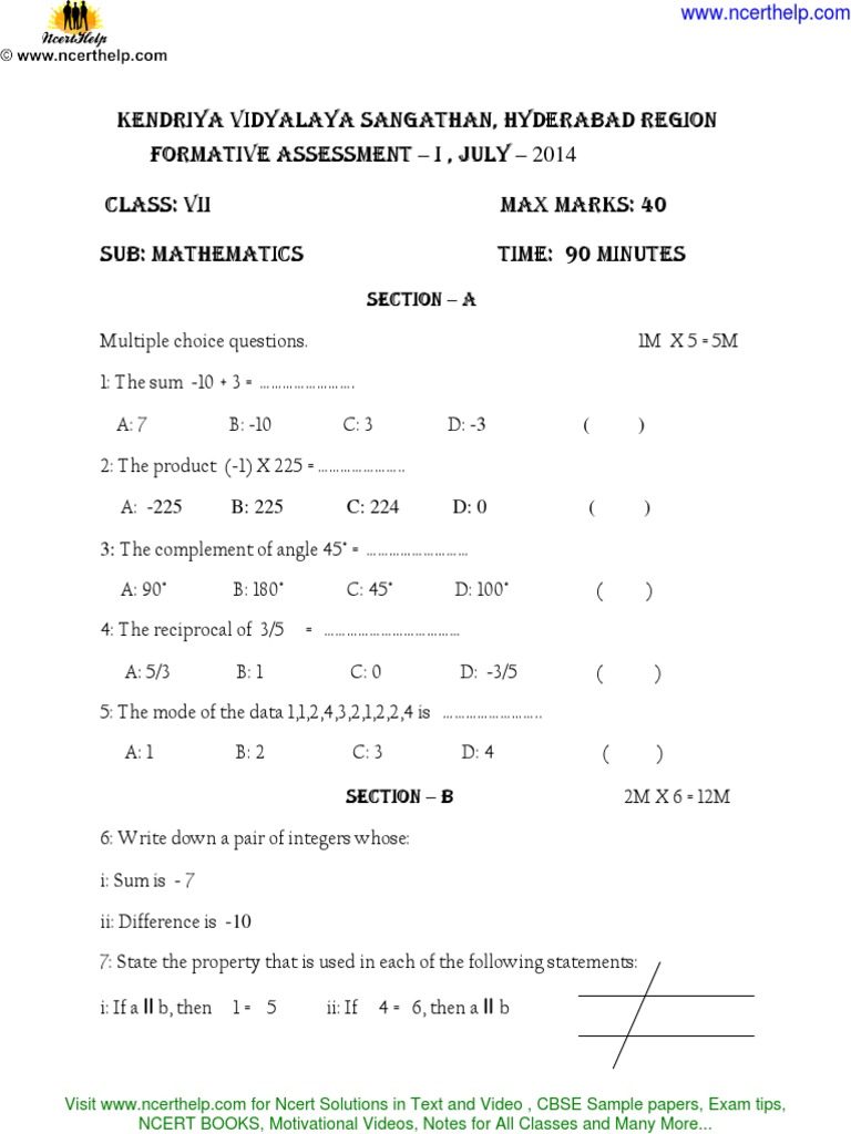 Cbse Sample Paper Class 7 Mathemtatics Fa 1 With Solution | PDF ...